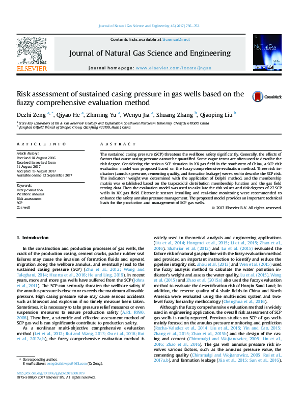 (PDF) Risk assessment of sustained casing pressure in gas wells based on the fuzzy comprehensive ...