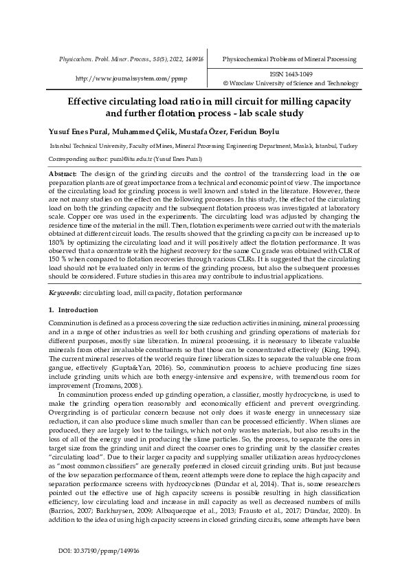 (PDF) Effective circulating load ratio in mill circuit for milling ...