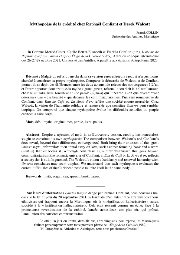 (PDF) Mythopoèse de la créolité chez Raphaël Confiant et Derek Walcott