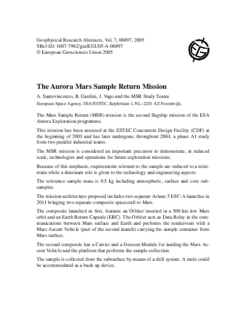 (PDF) The Aurora Mars Sample Return Mission