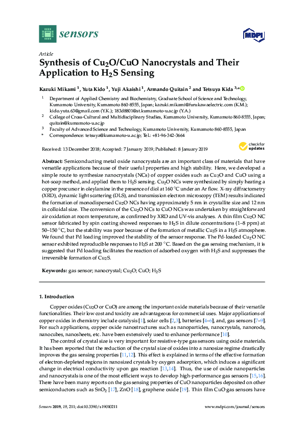 (PDF) Synthesis of Cu2O/CuO Nanocrystals and Their Application to H2S ...