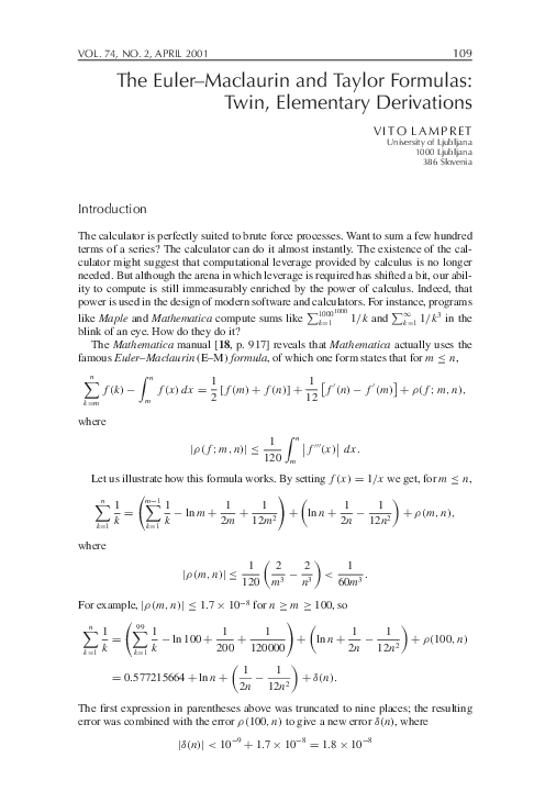 (PDF) The Euler-Maclaurin and Taylor Formulas: Twin, Elementary Derivations