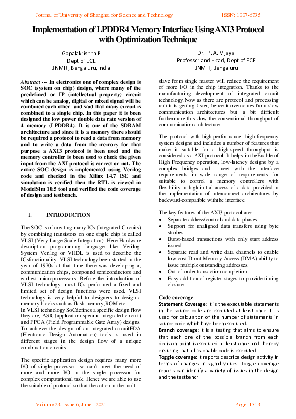 (PDF) Implementation of LPDDR4 Memory Interface Using AXI3 Protocol with Optimization Technique