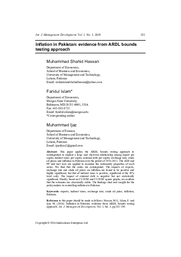 Pdf Inflation In Pakistan Evidence From Ardl Bounds Testing Approach