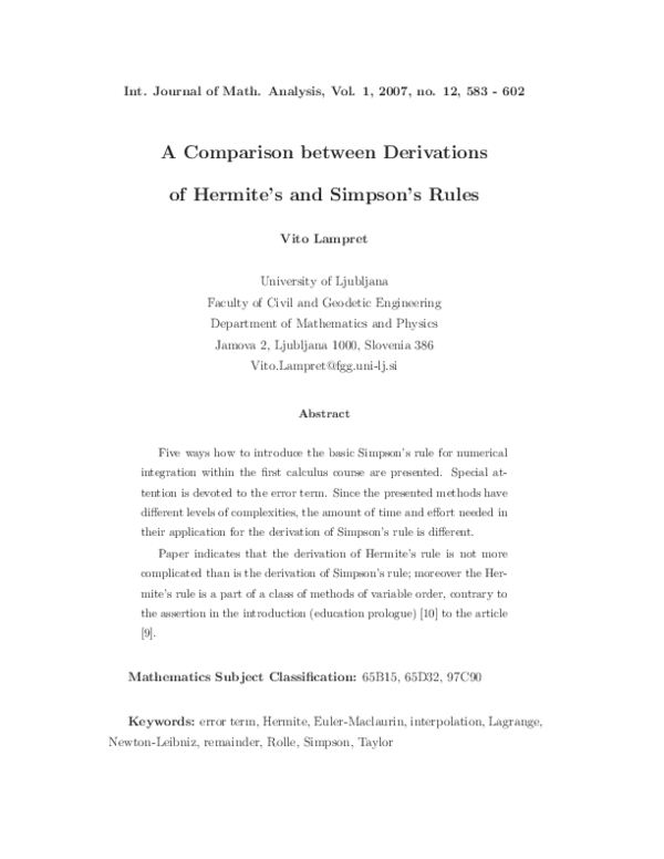 (PDF) A comparison between derivations of Hermite’s and Simpson’s rules