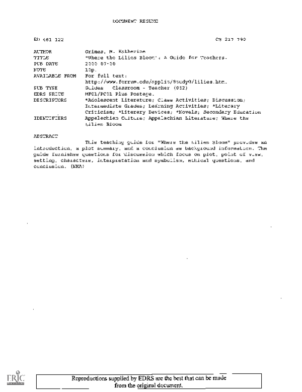 (PDF) Where the Lilies Bloom": A Guide for Teachers