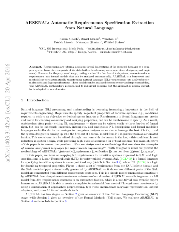 (PDF) ARSENAL: Automatic Requirements Specification Extraction from Natural Language