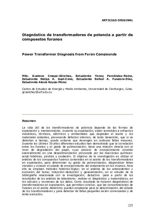 (PDF) Power Transformer Diagnosis from Furan Compounds