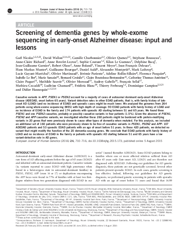 (PDF) Screening of dementia genes by whole-exome sequencing in early ...