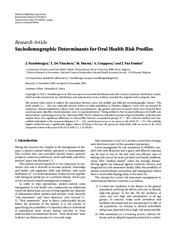 (PDF) Sociodemographic determinants for oral health risk profiles