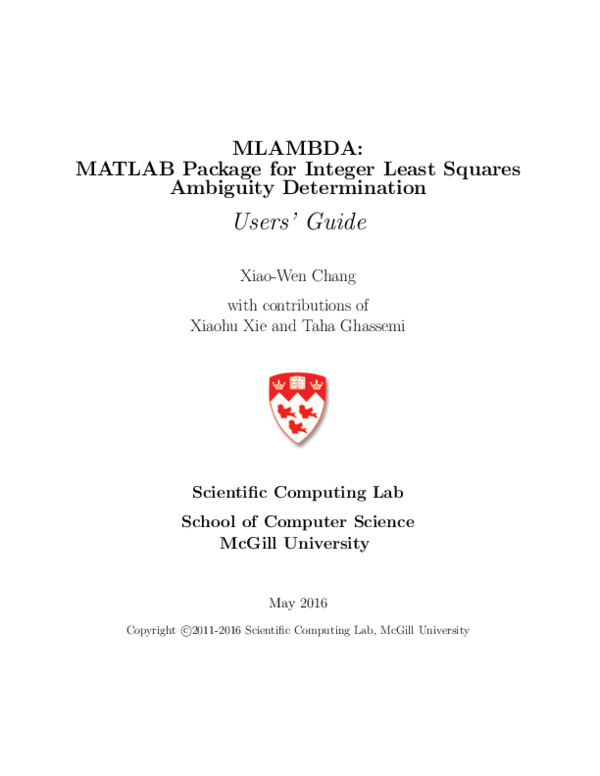 (PDF) MLAMBDA : MATLAB Package for Integer Least Squares Ambiguity Determination Users ’ Guide