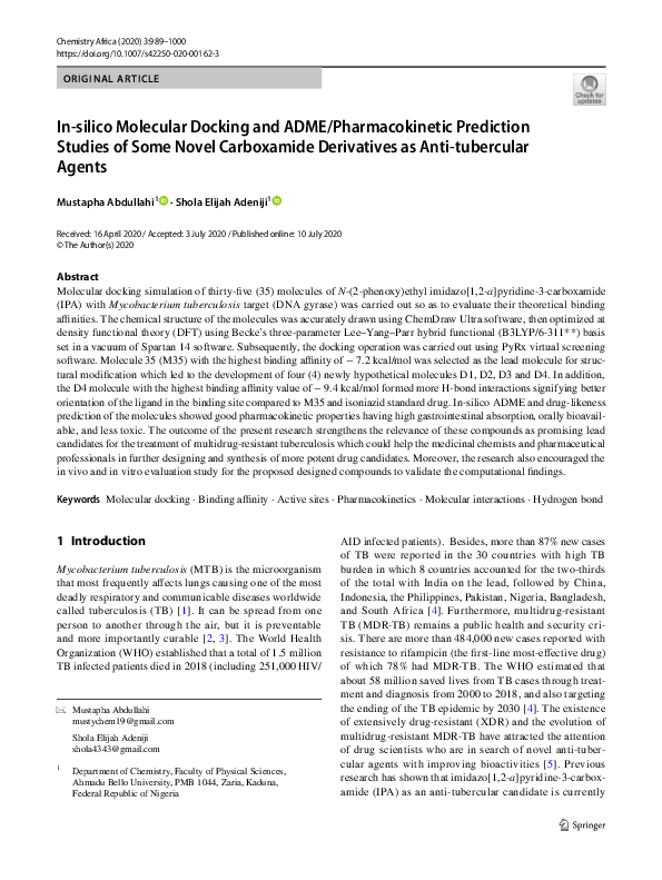(PDF) In-silico Molecular Docking and ADME/Pharmacokinetic Prediction Studies of Some Novel ...