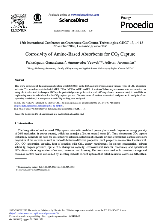 (PDF) Corrosivity of Amine-Based Absorbents for CO2 Capture