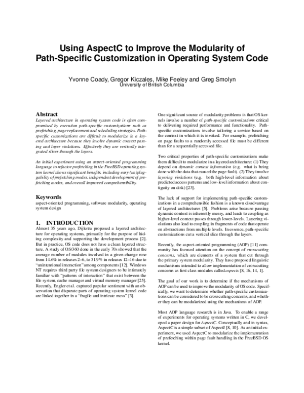 (PDF) Using aspectC to improve the modularity of path-specific customization in operating system ...