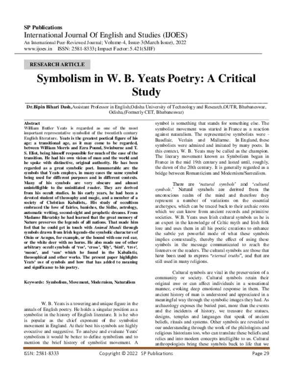 (PDF) Symbolism in W. B. Yeats Poetry: A Critical Study