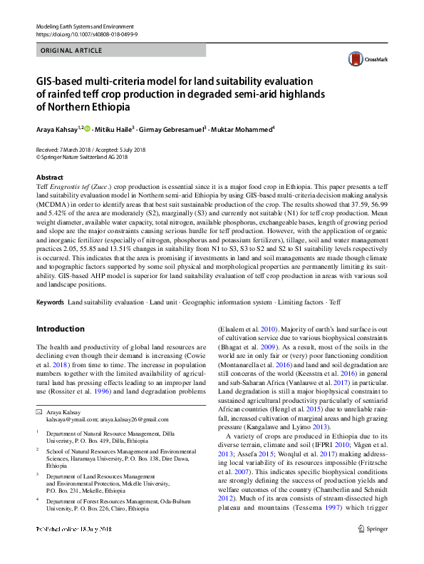 (PDF) GIS-based multi-criteria model for land suitability evaluation of rainfed teff crop ...
