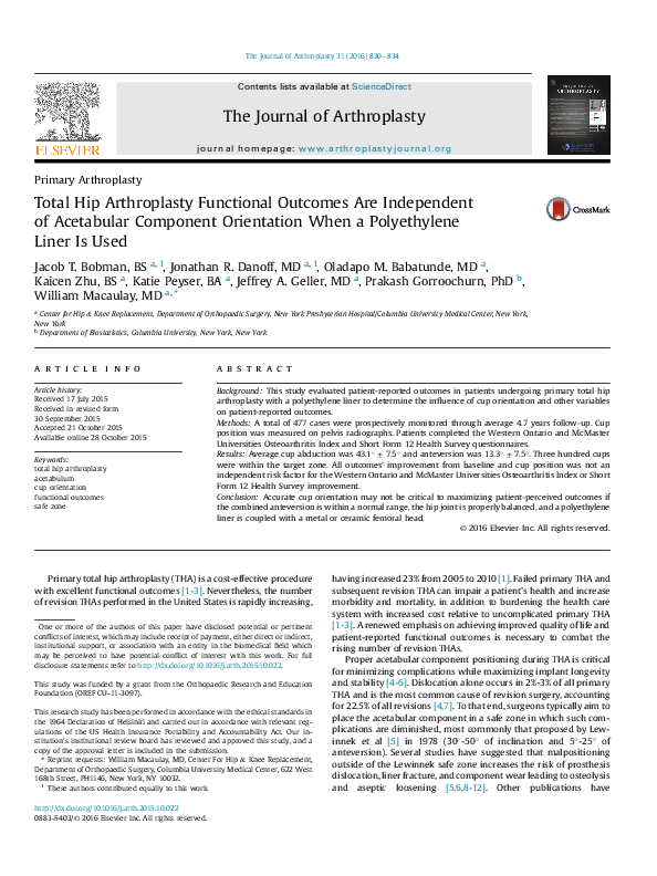 Pdf Total Hip Arthroplasty Functional Outcomes Are Independent Of Acetabular Component