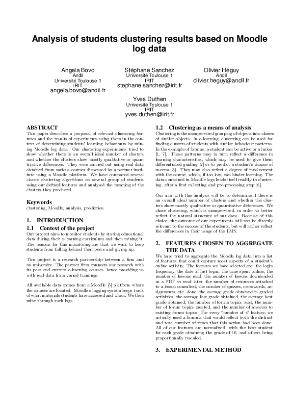 (PDF) Analysis of students clustering results based on Moodle log data