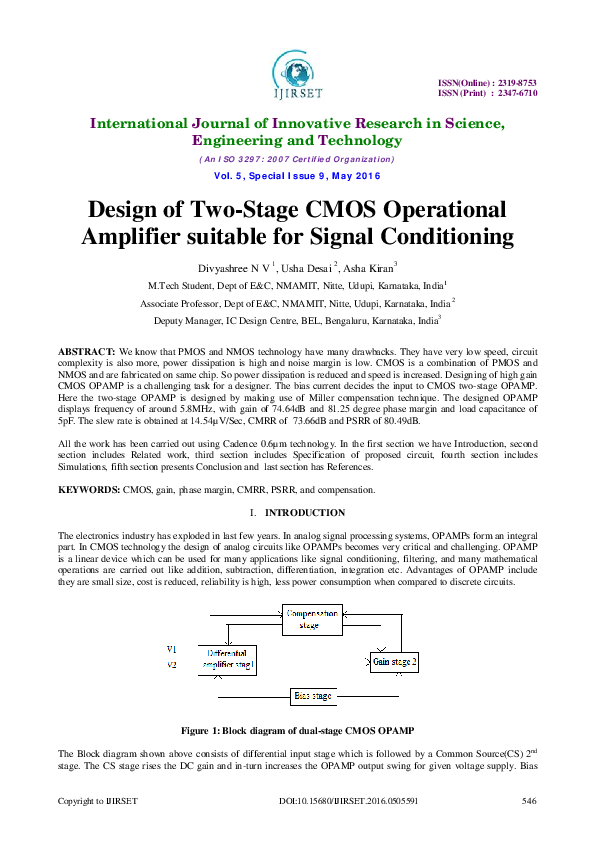 (PDF) Design of Two-Stage CMOS Operational Amplifier suitable for Signal Conditioning