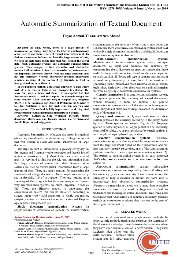 (PDF) Automatic Summarization of Textual Document