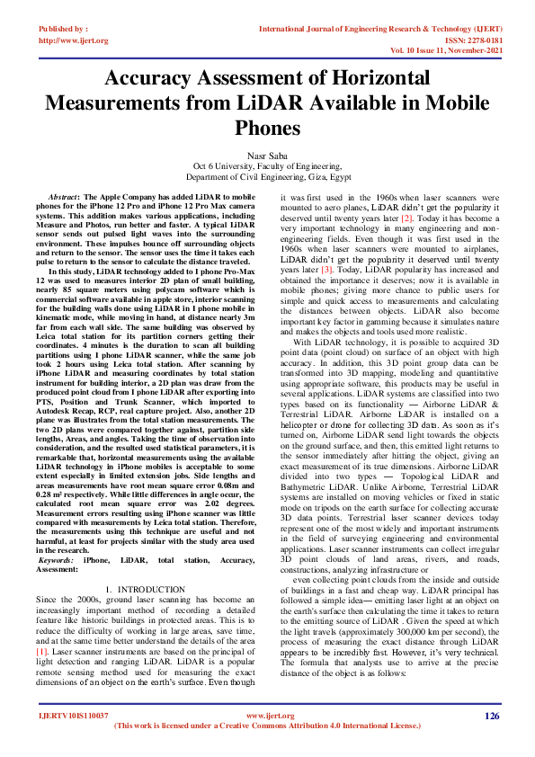 (PDF) Accuracy Assessment of Horizontal Measurements from LiDAR Available in Mobile Phones