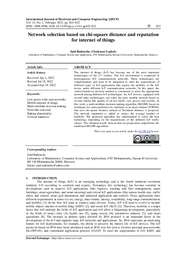(PDF) Chi-Square Based Network Selection for IoT