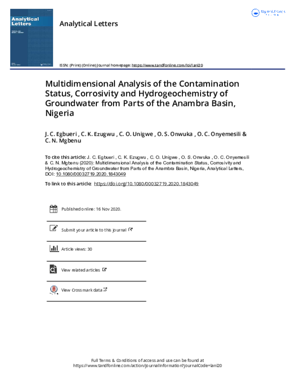 (PDF) Multidimensional Analysis of the Contamination Status, Corrosivity and Hydrogeochemistry ...