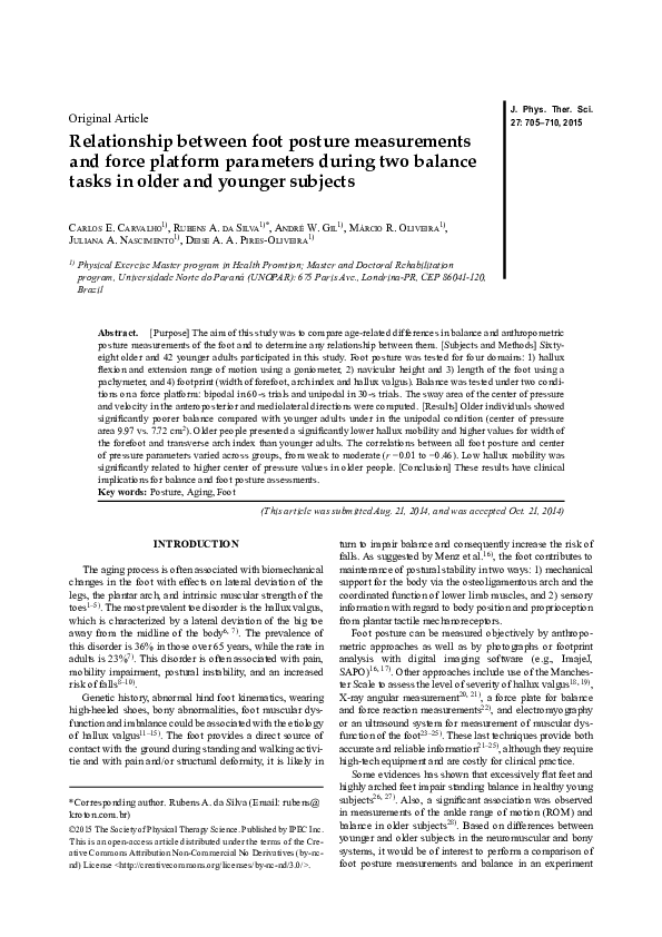 (PDF) Relationship between foot posture measurements and force platform parameters during two ...