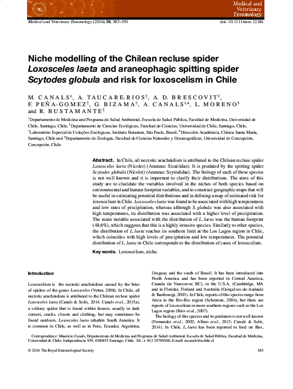 (PDF) Niche modelling of the Chilean recluse spiderLoxosceles laetaand ...