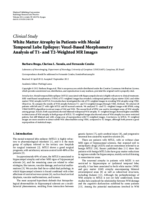(PDF) White Matter Atrophy in Patients with Mesial Temporal Lobe Epilepsy: Voxel-Based ...