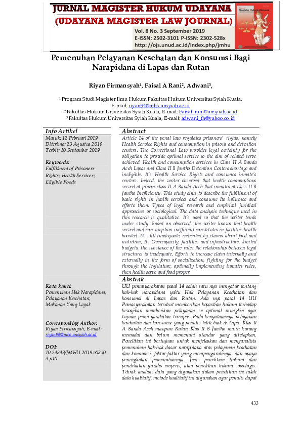 (PDF) Pemenuhan Pelayanan Kesehatan dan Konsumsi Bagi Narapidana di ...