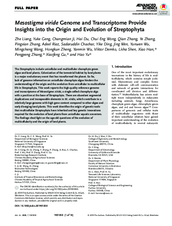 (PDF) Mesostigma viride Genome and Transcriptome Provide Insights into ...