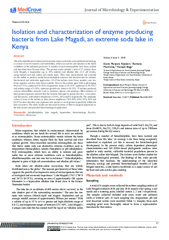 (PDF) Isolation and characterization of enzyme producing bacteria from Lake Magadi, an extreme ...
