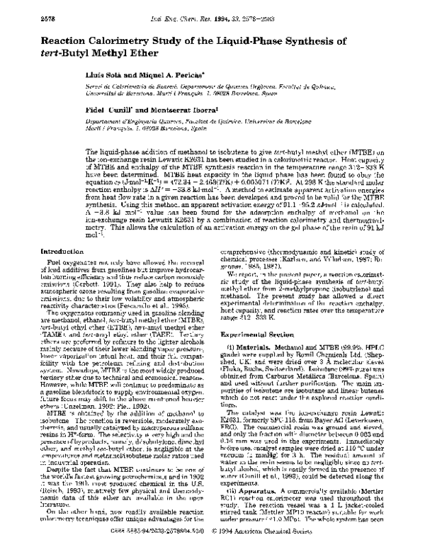 (PDF) Reaction Calorimetry Study of the Liquid-Phase Synthesis of tert ...