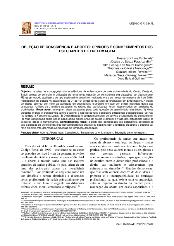 (PDF) Objeção de consciência e aborto: opiniões e conhecimentos dos ...