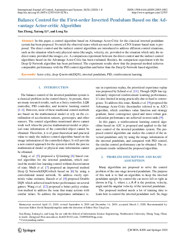 (PDF) Balance Control for the First-order Inverted Pendulum Based on the Advantage Actor-critic ...