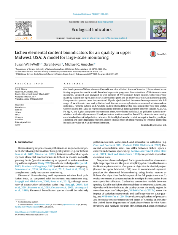 (PDF) Lichen elemental content bioindicators for air quality in upper ...