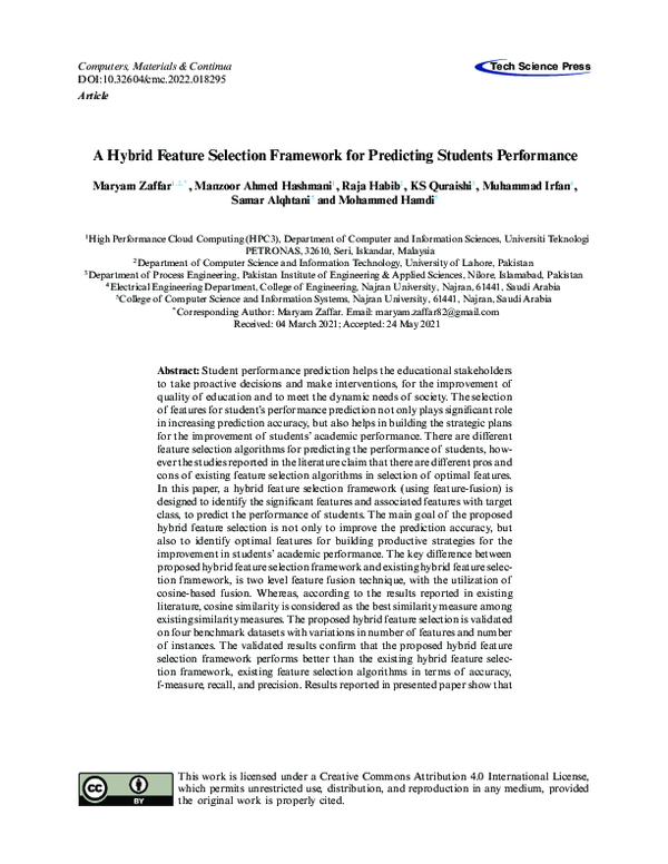 (PDF) A Hybrid Feature Selection Framework for Predicting Students Performance