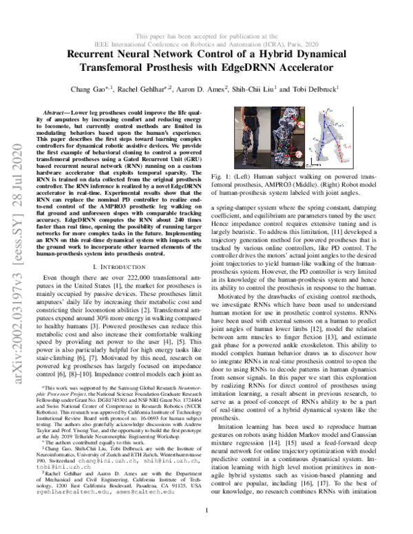 Pdf Recurrent Neural Network Control Of A Hybrid Dynamical Transfemoral Prosthesis With