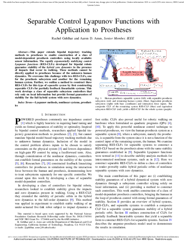 Pdf Separable Control Lyapunov Functions With Application To Prostheses