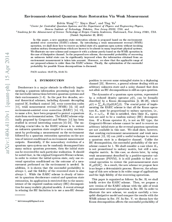 (PDF) Environment-assisted quantum state restoration via weak measurements