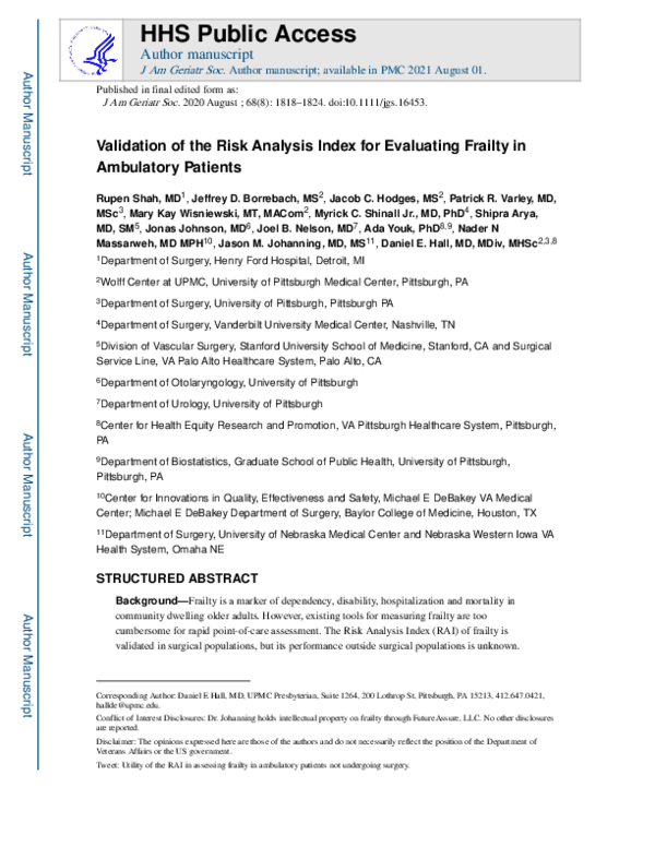 (PDF) Validation of the Risk Analysis Index for Evaluating Frailty in ...