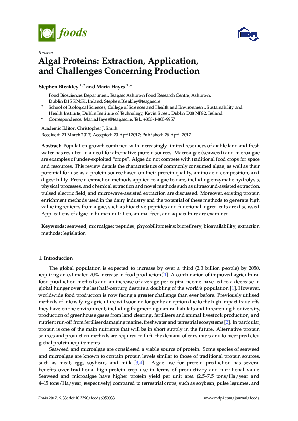 (PDF) Algal Proteins: Extraction, Application, and Challenges Concerning Production
