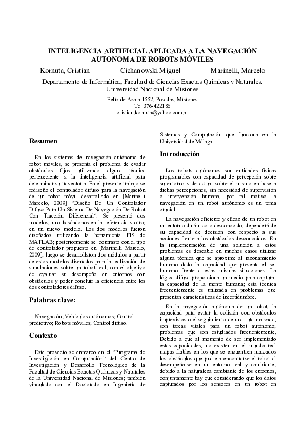 (PDF) Inteligencia artificial aplicada a la navegación autónoma de robots móviles