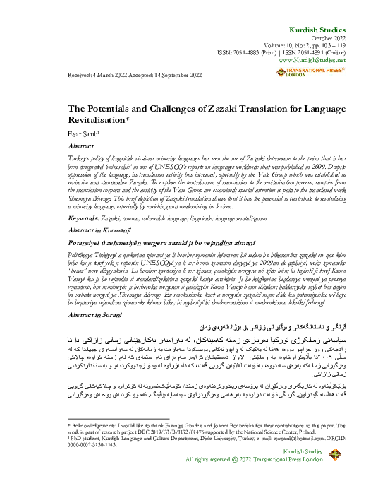 (PDF) The Potentials and Challenges of Zazaki Translation for Language ...