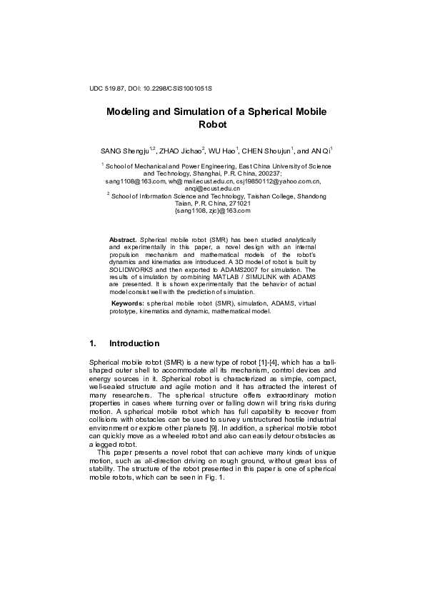 (PDF) Modeling and simulation of a spherical mobile robot