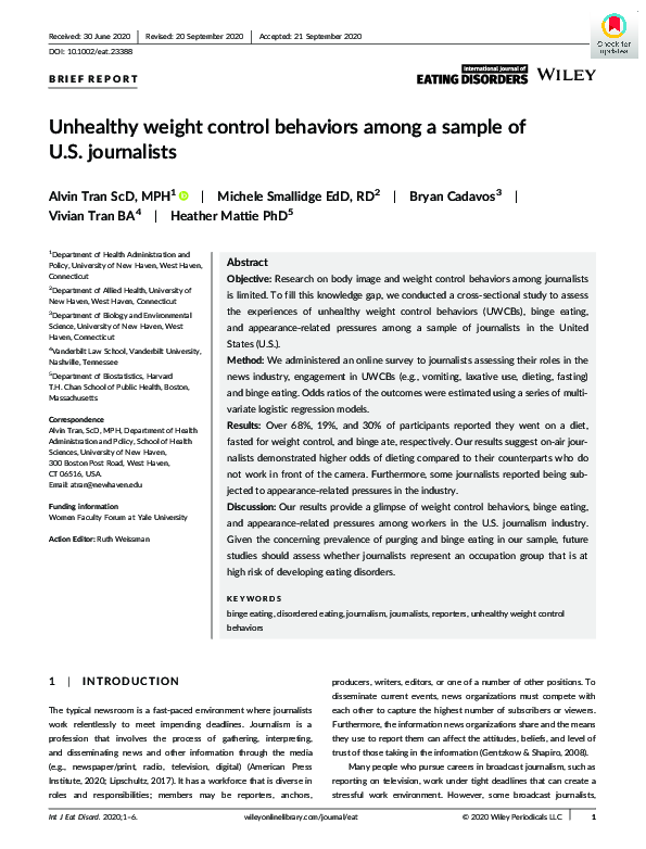 (PDF) Unhealthy weight control behaviors among a sample of U.S. journalists