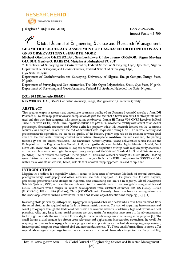 Pdf Geometric Accuracy Assessment Of Uas Based Orthophotos And Gnss Observations Using Rtk Mode