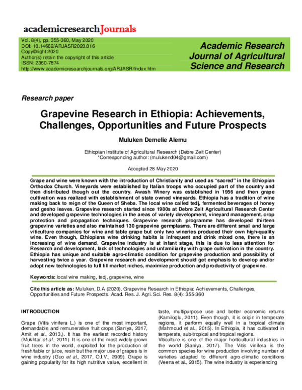 (PDF) Grapevine Research in Ethiopia: Achievements, Challenges, Opportunities and Future Prospects