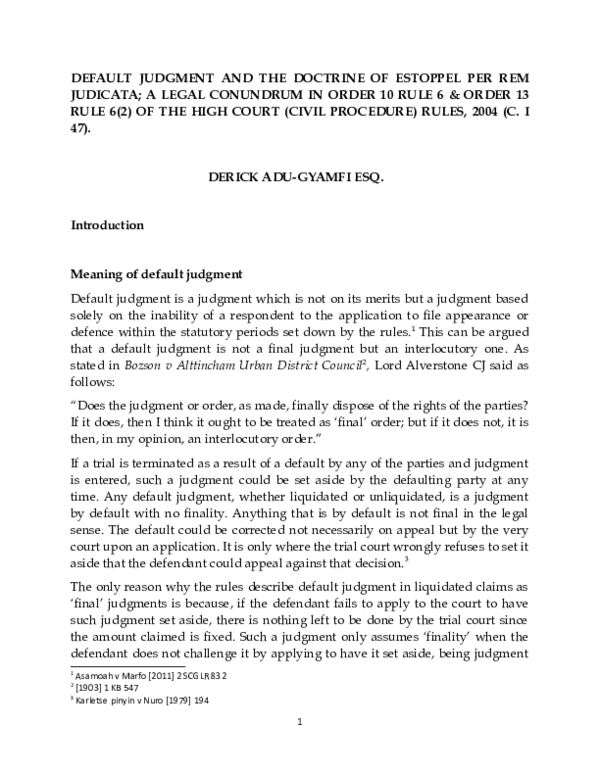 (DOC) DEFAULT JUDGMENT AND THE DOCTRINE OF ESTOPPEL PER REM JUDICATA; A ...